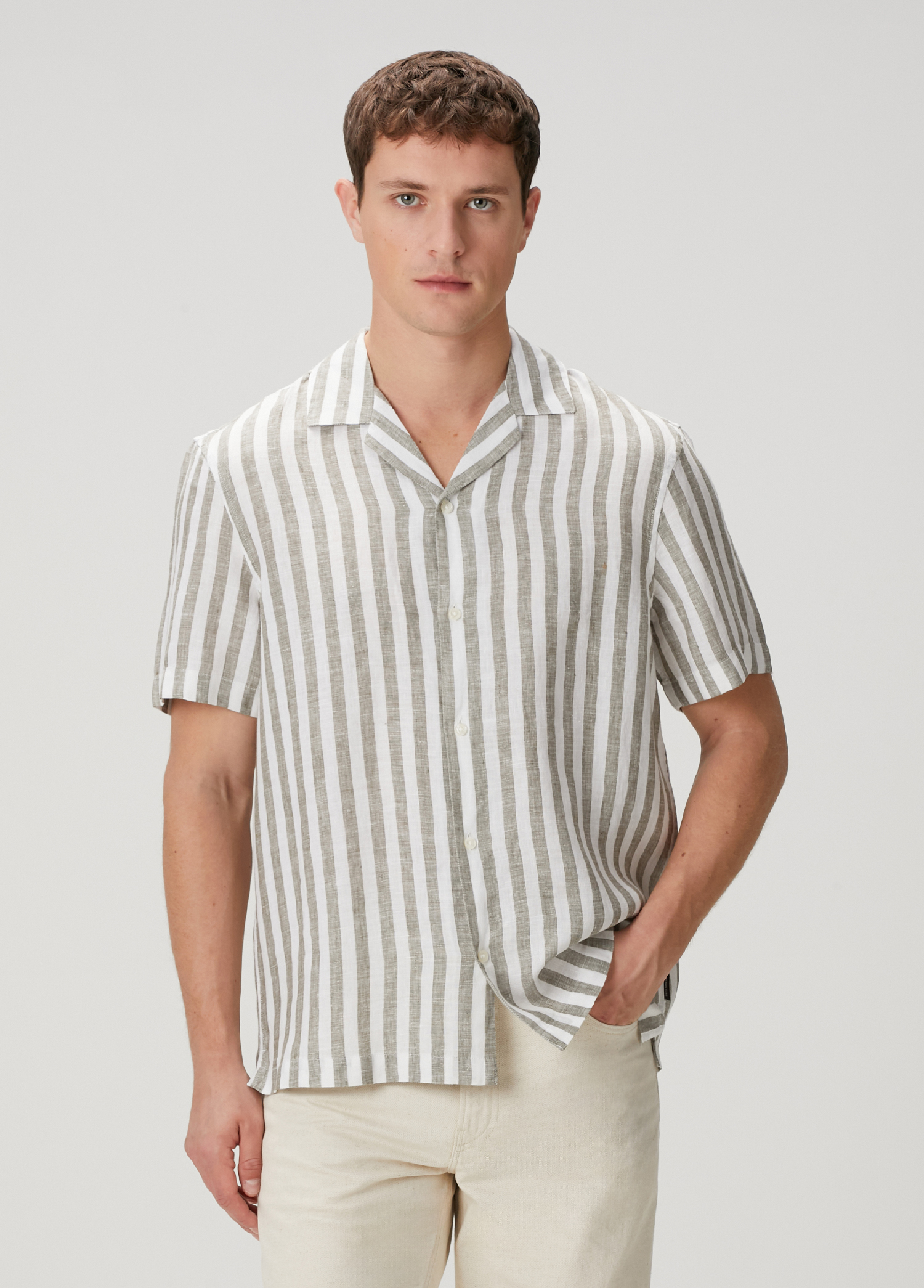 Michael Kors Açık Haki Erkek Açık Haki Çizgi Desenli Kısa Kollu Keten ...