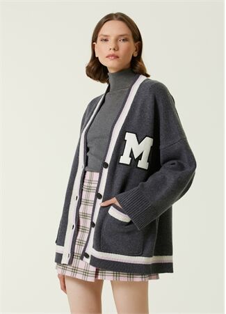 Maje Kadın Gri Beyaz Şeritli Yün Hırka US