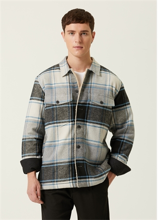 Allsaints Erkek Sherpa Lined Mavi Beyaz Ekoseli Dış Gömlek S EU Allsaints Erkek Sherpa Lined Mavi Beyaz Ekoseli Dış Gömlek S EU