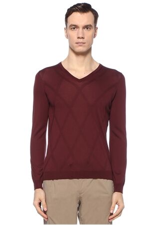 Pal Zileri Erkek Bordo V Yaka Desenli İpek Kazak 50 IT