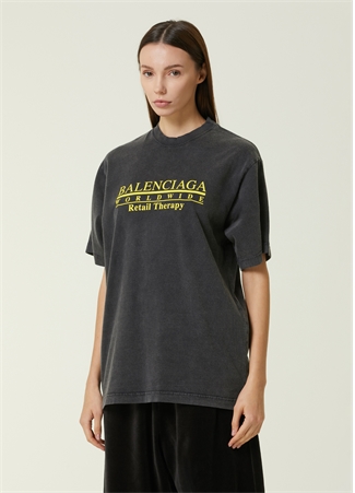 Balenciaga Kadın Siyah Sarı Bisiklet Yaka Logolu T-shirt US Balenciaga Kadın Siyah Sarı Bisiklet Yaka Logolu T-shirt US