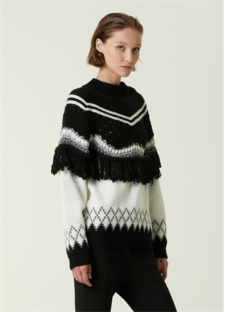 Beymen Collection Kadın Siyah Beyaz Dik Yaka Püsküllü Kazak S