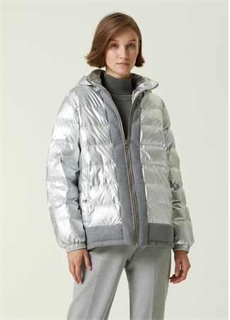 Beymen Collection Kadın Metalik Gri Kumaş Garnili Kaz Tüyü Mont 42
