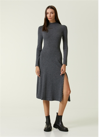 Maje Kadın Gri Yırtmaç Detaylı Midi Triko Elbise 36 FR