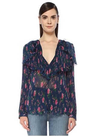 Philosophy di Lorenzo Serafini Kadın Lacivert V Yaka Çiçekli Fırfırlı Uzun Kol Bluz Mavi 40 IT