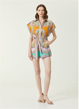 Zimmermann Kadın Turuncu Şal Desenli Mini Keten Tulum 0 Us