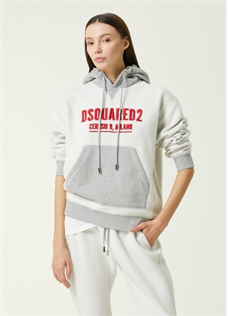 Dsquared2 Kadın Gri Melanj Kapüşonlu Logolu Sweatshirt L EU