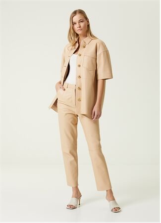 Beymen Collection Kadın Bej Kısa Kol Deri Gömlek 34