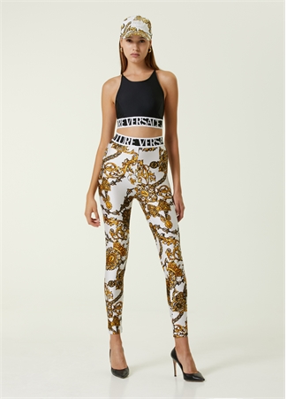 Versace Jeans Couture Kadın Beyaz Logo Bantlı Desenli Tayt 38 IT