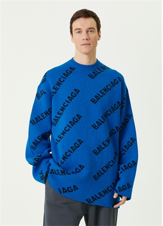 Balenciaga Erkek Mavi Siyah Logo Jakarlı Yün Kazak M EU Balenciaga Erkek Mavi Siyah Logo Jakarlı Yün Kazak M EU