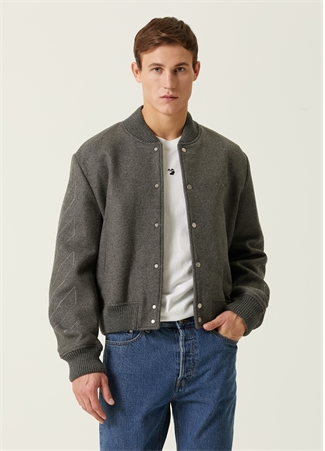 Off-White Erkek Gri Logo Detaylı Yün Bomber Mont M EU Off-White Erkek Gri Logo Detaylı Yün Bomber Mont M EU