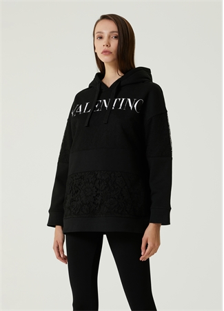 Valentino Kadın Siyah Kapüşonlu Dantel Garnili Sweatshirt S EU Valentino Kadın Siyah Kapüşonlu Dantel Garnili Sweatshirt S EU