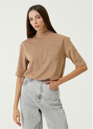 Brunello Cucinelli Kadın Camel Dik Yaka Yün T-shirt Kahverengi S EU