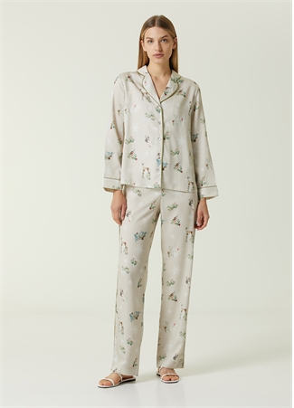 Elli2 Nightwear Kadın Ekru Figür Desenli Pijama Seti Bej S EU