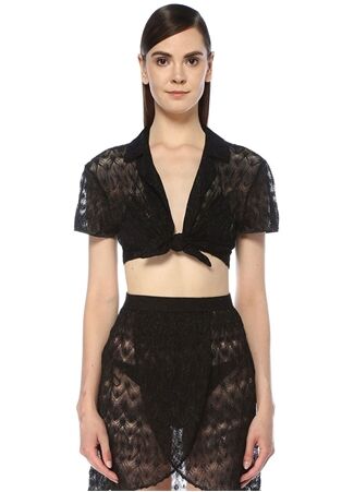 Missoni Mare Kadın Siyah Polo Yaka Cropped Bluz 38 IT