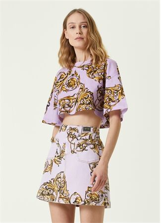 Versace Jeans Couture Kadın Lila Gold Desenli Crop T-shirt Mor 42 IT