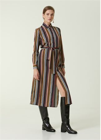 Beymen Club Kadın Renkli Çizgili Beli Kuşaklı Midi Gömlek Elbise 40