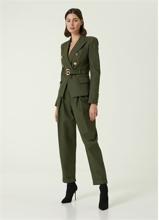 Balmain Kadın Haki Kemerli Boyfriend Jean Pantolon 34 FR