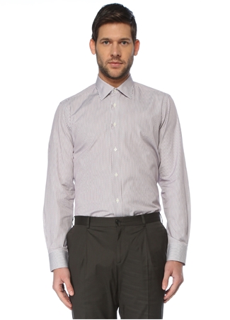 Pal Zileri Erkek Gri Beyaz İngiliz Yaka Çizgili Gömlek 40 IT