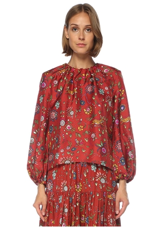 La Doublej Kadın Charming Kırmızı Desenli Balon Kol İpek Bluz S EU La Doublej Kadın Charming Kırmızı Desenli Balon Kol İpek Bluz S EU