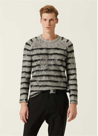 Erkek Siyah Gri Şeritli Yün Kazak S EU
