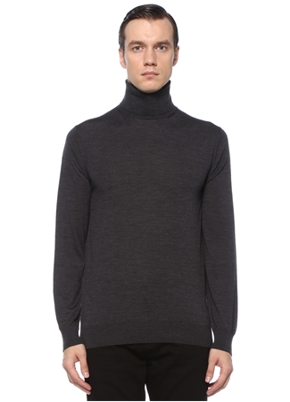 Zegna Erkek Antrasit Balıkçı Yaka Yün Kazak Gri 54 IT
