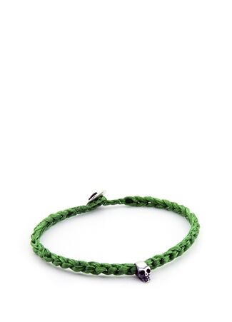 Kayra Khan Erkek Yeşil Kuru Kafalı Örgülü Gümüş Rengi Bileklik EU