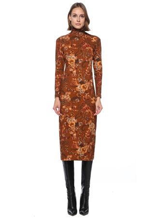 Balenciaga Kadın Kahverengi Balıkçı Yaka Çiçek Desenli Midi Elbise XS EU
