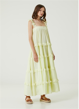 Elif Mısırlı Kadın Sarı Kare Yaka Fırfırlı Maksi Elbise EU Elif Mısırlı Kadın Sarı Kare Yaka Fırfırlı Maksi Elbise EU