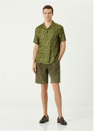 Pal Zileri Erkek Yeşil Apaç Yaka Geometrik Desenli İpek Gömlek Kahverengi 40 IT