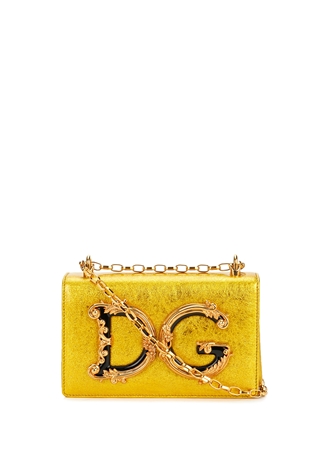 Dolce&Gabbana Kadın Sarı Logolu Deri Omuz Çantası Altın Rengi EU