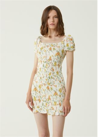 Lost+Wander Kadın Ekru Kare Yaka Çiçekli Mini Elbise Bej S EU