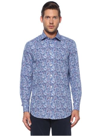 Pal Zileri Erkek Mavi Geometrik Desenli Modern Yaka Gömlek 40 IT