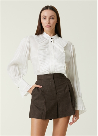 Sandro Kadın Ekru Hakim Yaka Pilili Keten Gömlek Bej 2 US