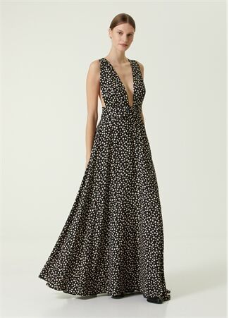 Faraway Kadın Siyah V Yaka Çiçekli Maksi Elbise 34 EU