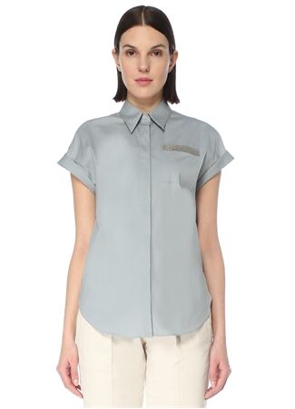 Brunello Cucinelli Kadın Mavi Polo Yaka Taş Detaylı Gömlek L EU