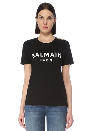 Balmain Kadın Siyah Düğme Detaylı T-shirt L EU