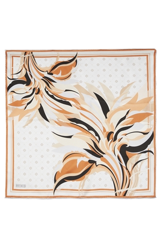Beymen Kadın Beyaz Bej Çiçek Desenli 90x90 İpek Eşarp Kahverengi EU