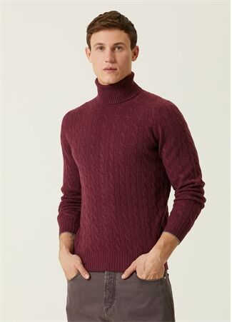 Brunello Cucinelli Erkek Bordo Balıkçı Yaka Saç Örgü Dokulu Yün Kazak 48 IT