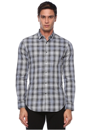 Pal Zileri Erkek Mavi Ekose Desenli İngiliz Yaka Gömlek Gri 42 IT