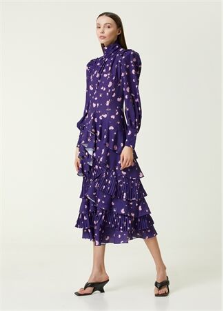 Mergim Kadın Allia Mor Fırfırlı Çiçekli Midi Abiye Elbise Eu