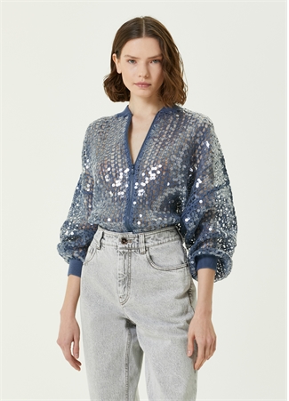 Brunello Cucinelli Kadın Mavi Payetli Ceket Xs Eu