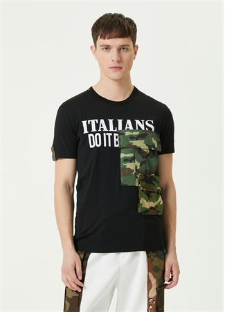 Dolce&Gabbana Erkek Siyah Haki Slogan Baskılı Kamuflajlı T-shirt 44 IT Dolce&Gabbana Erkek Siyah Haki Slogan Baskılı Kamuflajlı T-shirt 44 IT