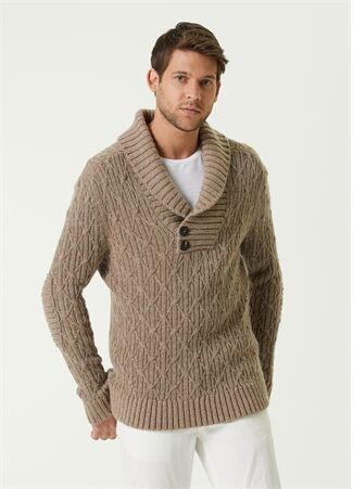 Pal Zileri Erkek Bej Yakası Düğmeli Saç Örgü Dokulu Kazak Kahverengi 50 IT