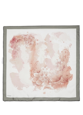 Beymen Kadın Beyaz Pembe Çiçek Desenli 90x90 İpek Eşarp Gri EU