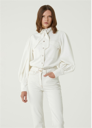 Zimmermann Kadın Beyaz Dik Yaka Balon Kol Jean Gömlek 0 US