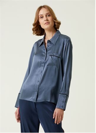 House of Silk Kadın Lila Mavi İpek Pijama Üstü Lacivert S EU