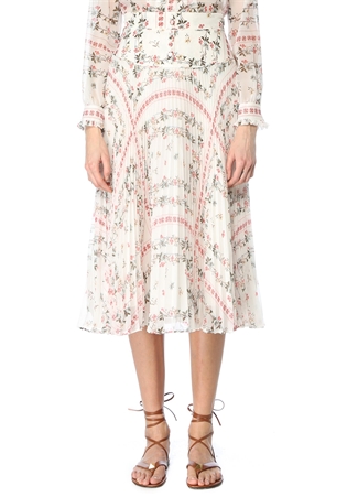 Etro Kadın Beyaz Yüksek Bel Çiçek Desenli Pilili Midi Etek 42 IT