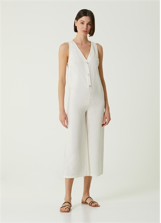 Dor Raw Luxury Kadın By The Lake Maggiore Beyaz V Yaka Keten Tulum Bej XS EU