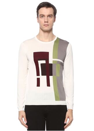 Pal Zileri Erkek Beyaz Geometrik Desen Jakarlı Kazak 58 IT